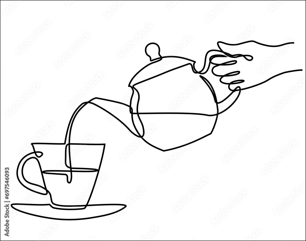 Continuous line drawing Tea cup and Teapot on a white background. Hand ...