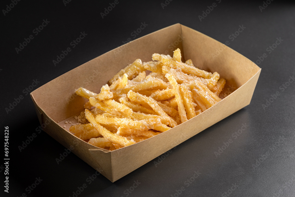 Delicious, tasty french fries topping with Parmesan cheese. Deep fry ...