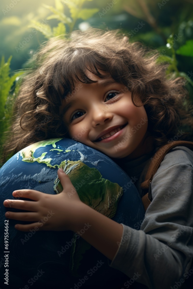 Happy Little Girl Hugging Planet Earth. Kid Embracing Globe Earth for ...