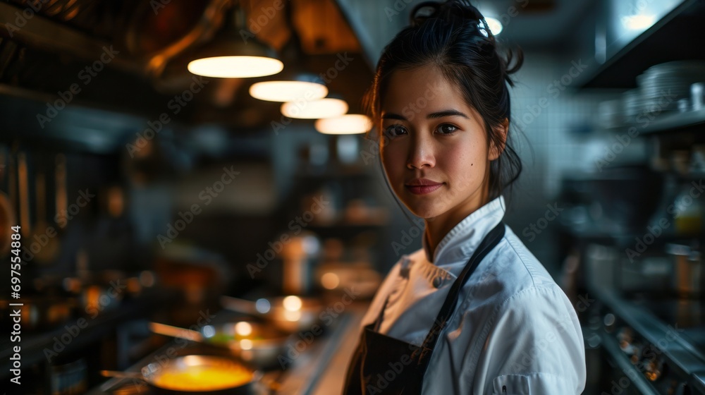 Female Chef contemporary kitchen adorned with sleek appliances and a ...