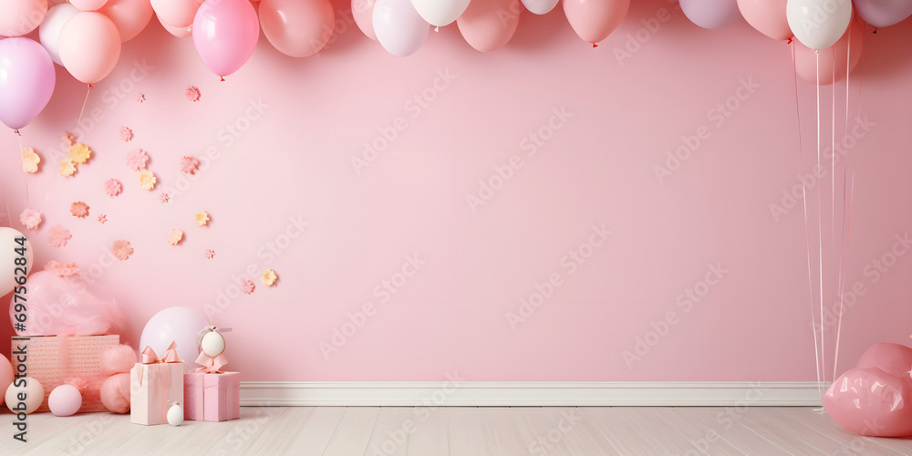 Birthday backdrop no lights pink background chair balloons cake, A pink ...
