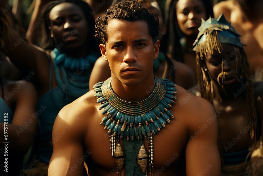 Pharaoh Sitting on Throne in Ancient Temple with Attendants and Priests ...