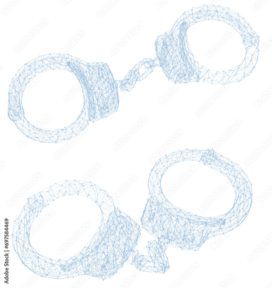 A 3D illustration of a handcuff in abstract hologram wire frame ...