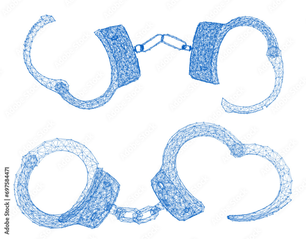 A handcuff in 3D illustration, presented in abstract hologram wire ...