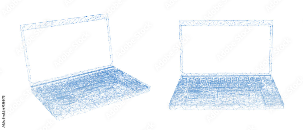A set of laptops in 3D illustration, presented in abstract hologram ...