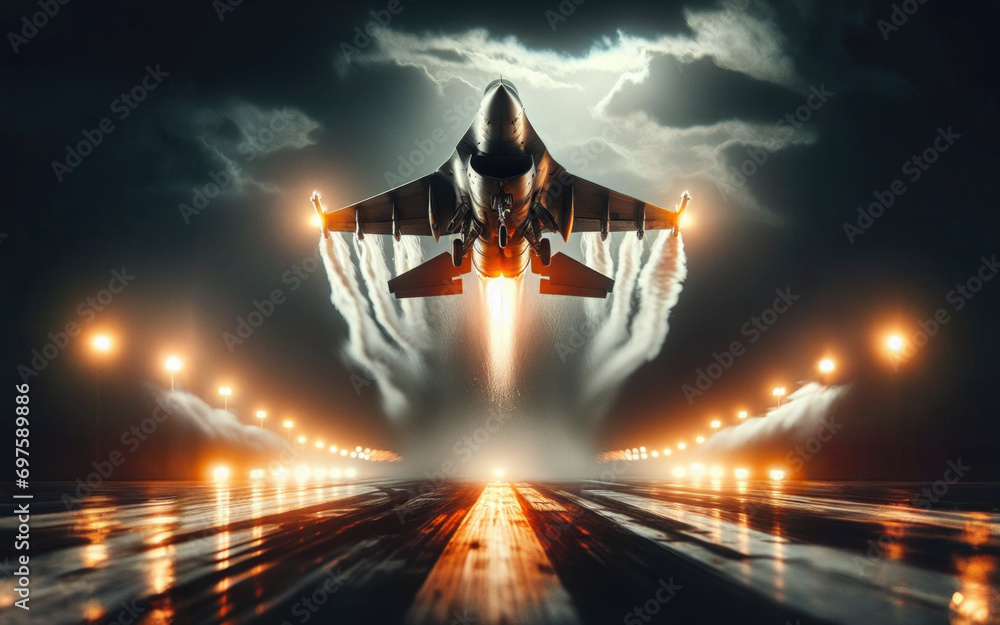 Fighter jet aircraft flying low over in lights at night. Army or ...