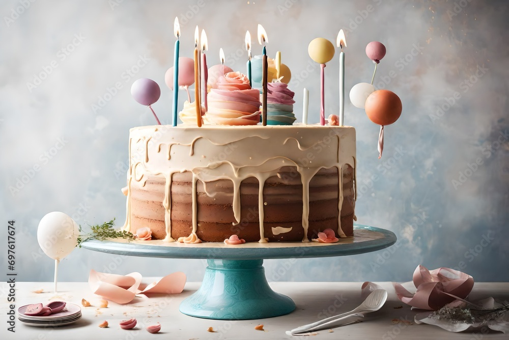 A whimsical, gravity-defying birthday cake with layers floating above ...