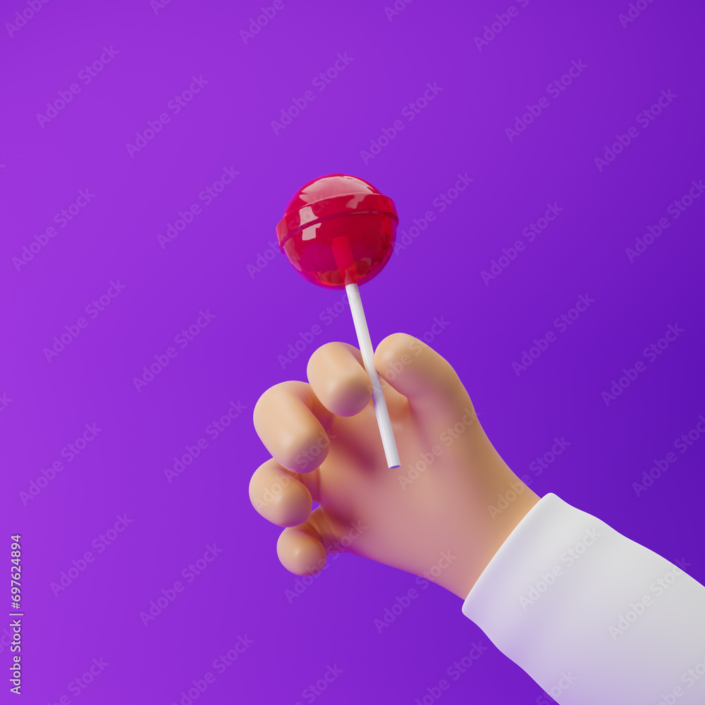 Cartoon hand holding lollipop isolated over purple background. 3d ...
