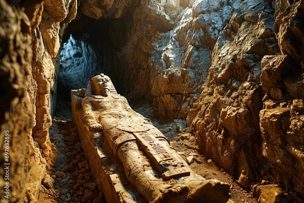 sarcophagus with egyptian mummy on a colorful hieroglyphs wall ...