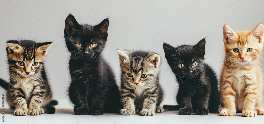 Different colored cat kittens, sitting beside each other on row. A ...