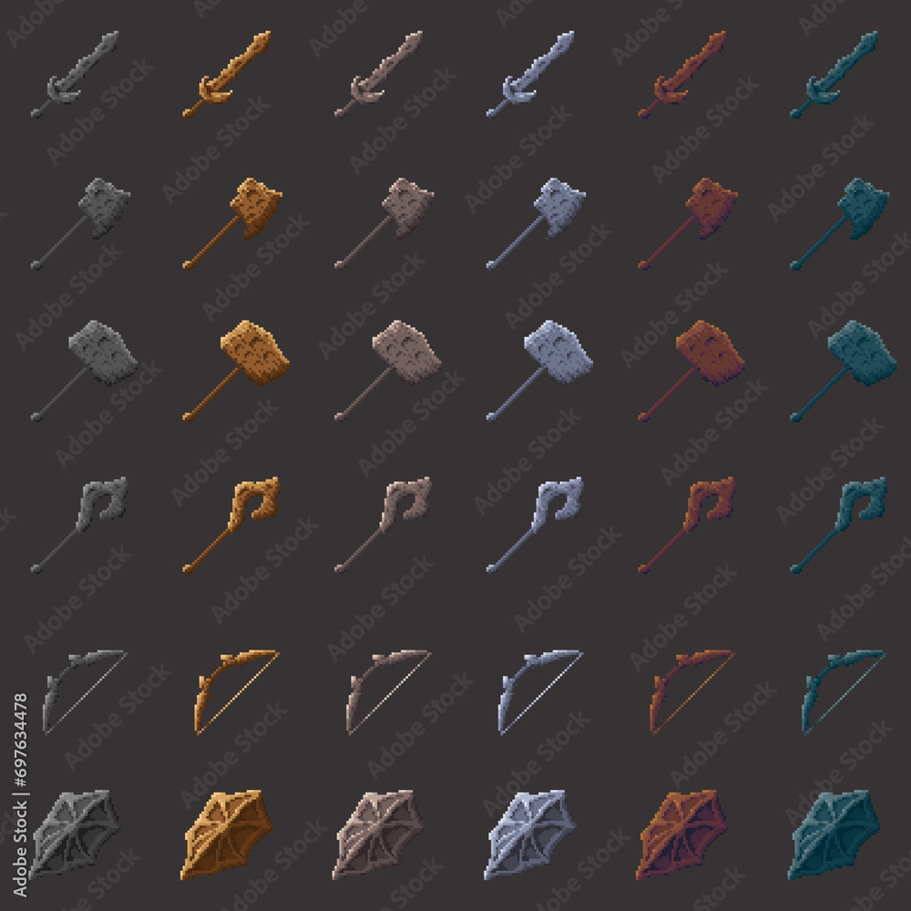 Pixel art stone weapon asset pack 1 Stock Illustration | Adobe Stock