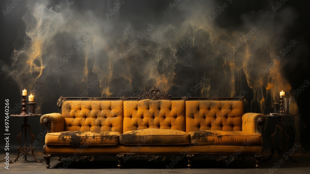 In the dark of night, a yellow sofa with mold creeping up its sides ...