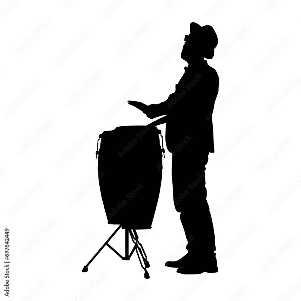 Musician hitting playing conga drum side view black silhouette. Stock ...