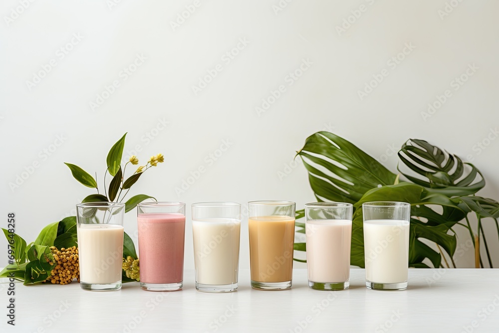 Set of various vegan milk almond, soy, rice, coconut, quinoa, brazil ...