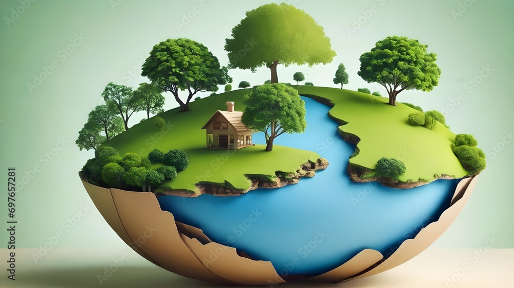 Green paper cut earth planet with nature environment inside. Modern 3d ...