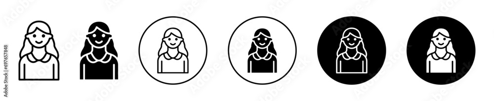 Girl icon. little young woman or girl collage student profile portrait ...