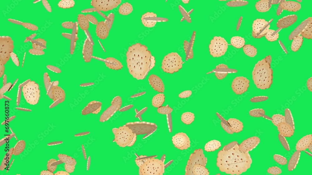 3d biscuit animation falling on Green Screen background, slow motion of ...