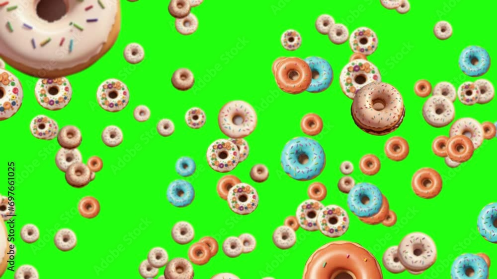Colorful Donuts With Sprinkling Candy Animation Falling On Green Screen ...