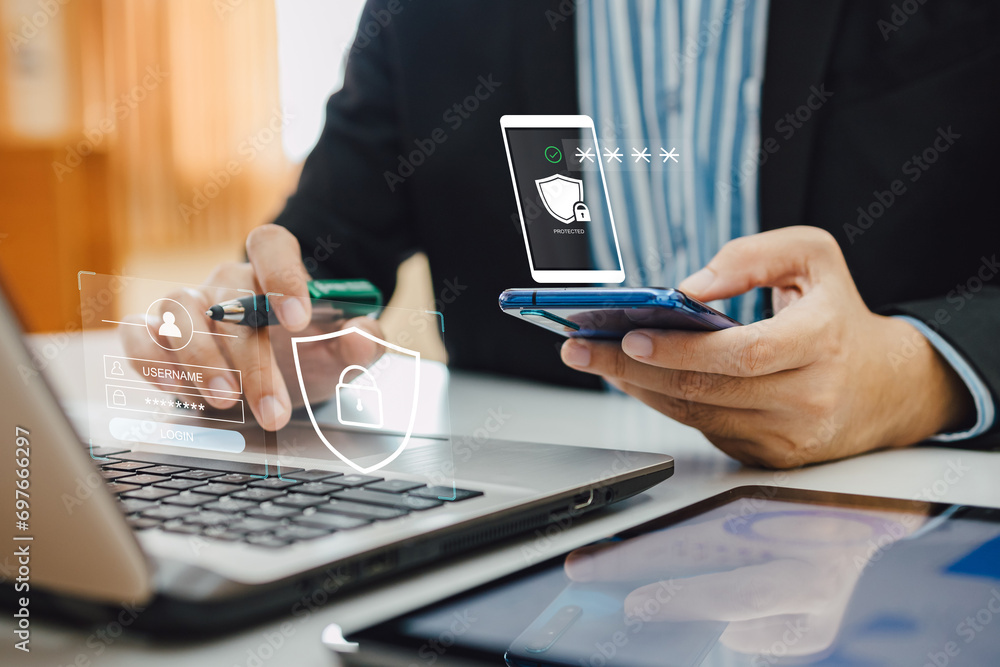 Concept of cyber crime and cyber security alert warning. Hand using ...