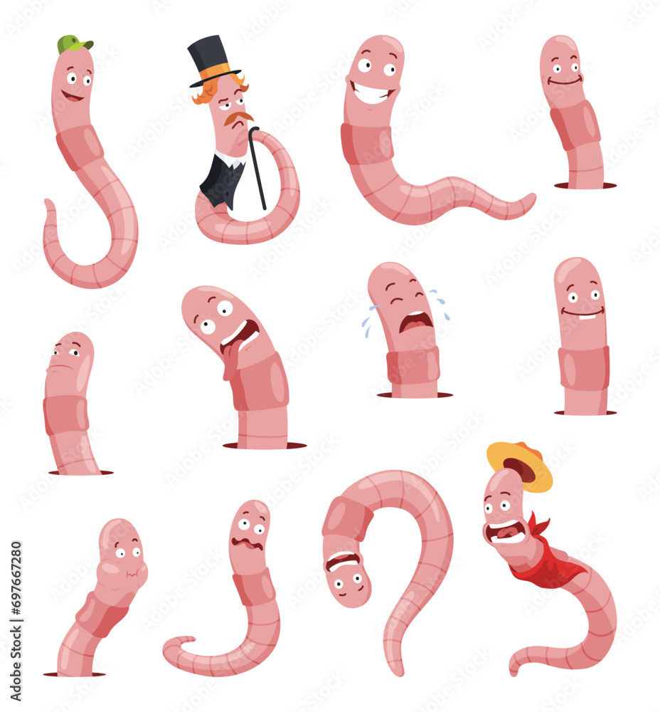 Funny worms collection. Soil crawlers with various emotion expressions ...