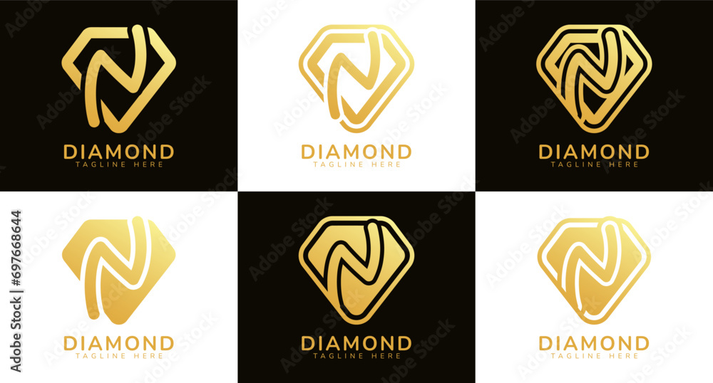 Set of diamond logos with initial letter N. These logos combine letters and rounded diamond ...