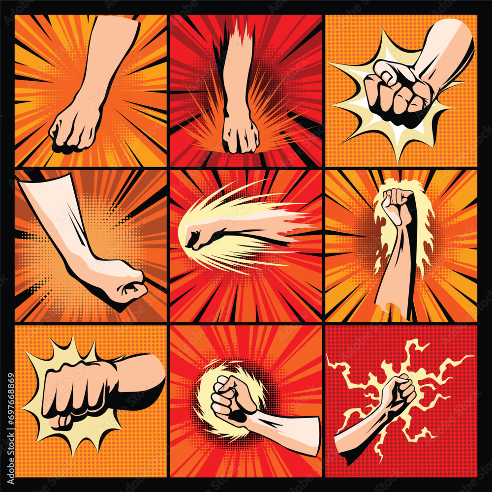 Set of hand fists with comics background. Blow fists flat cartoon ...
