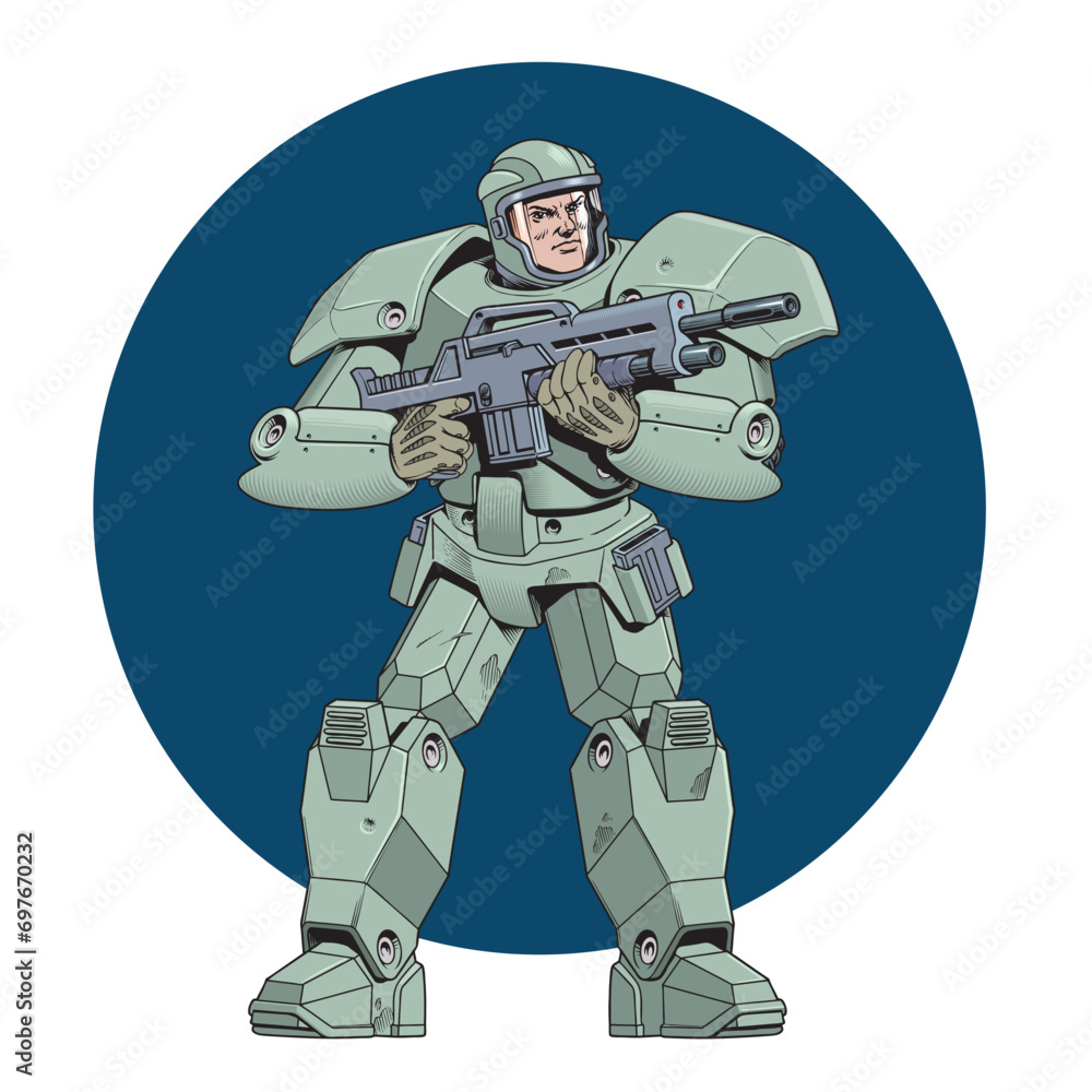 Futuristic soldier hero in heavy spacesuit or exoskeleton armor suit ...