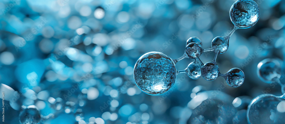 blue molecule atoms structures on blue liquid serum background ...