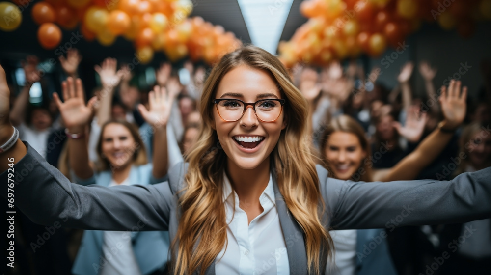 A happy mood laughing cheerful lady of an office team in front of their ...