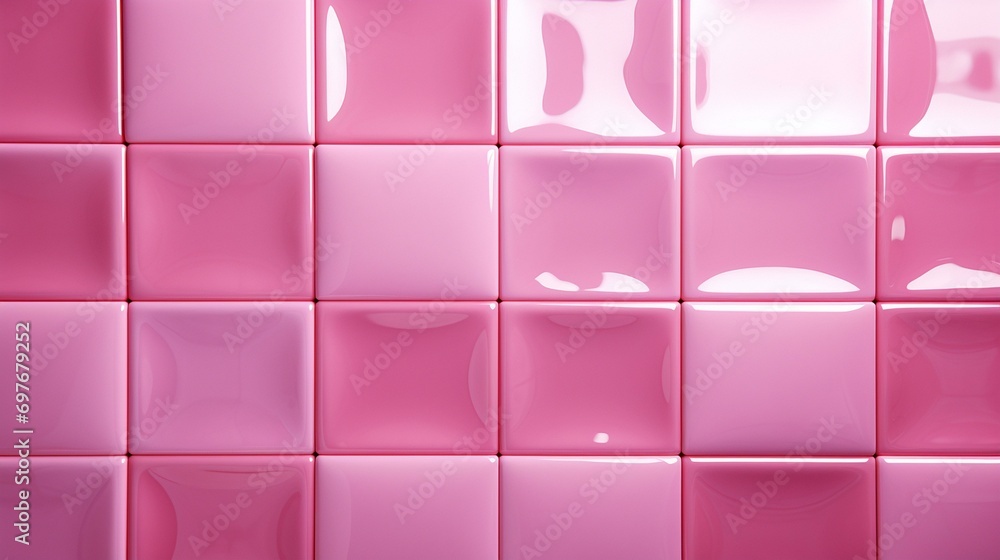 Pink ceramic tiles with a glossy finish, forming a modern and textured ...