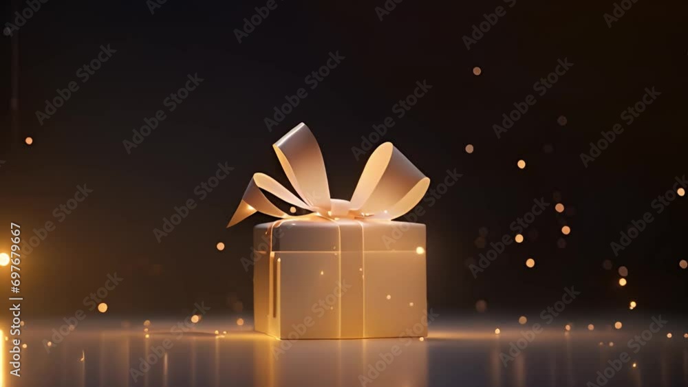Golden gift box with bow and ribbon on Gold Glitter Background. Looping ...