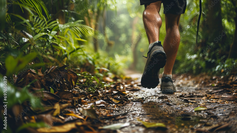 Feet of a man walking on a mountain. Overcome various obstacles to ...