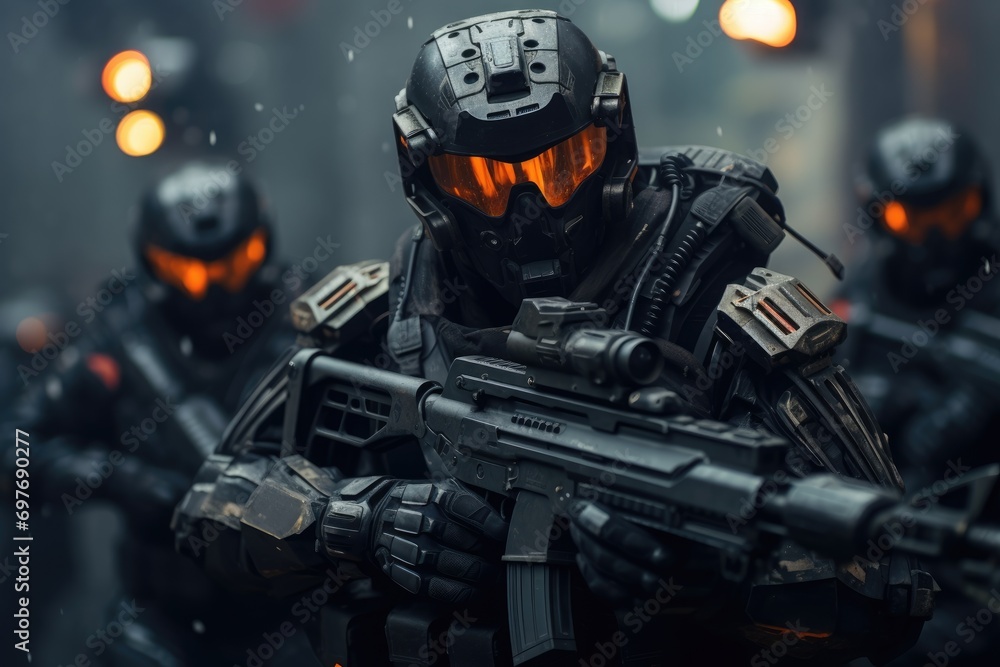 Futuristic army Combatants in a Firefight with Rifles and Protective ...