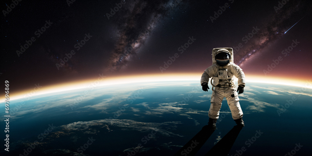 An astronaut stands with his feet on planet earth in an astro suit ...