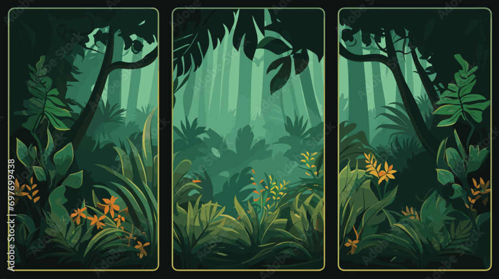 Cartoon game panels in jungle style against a dark background, wooden ...