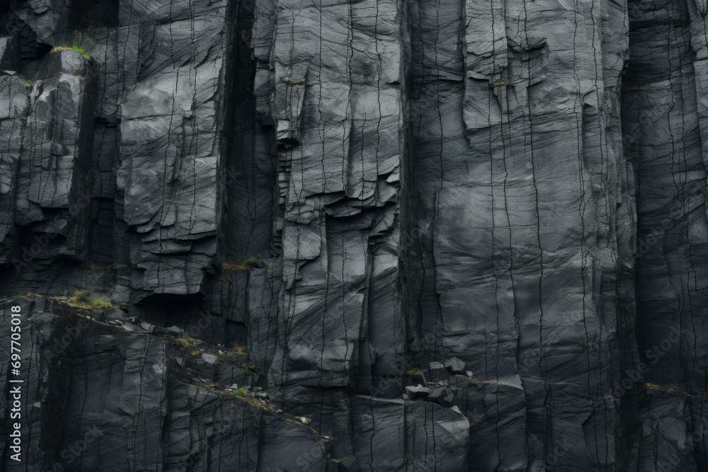 Dark Aged Shabby Cliff Face And Divided By Huge Cracks And Layers ...