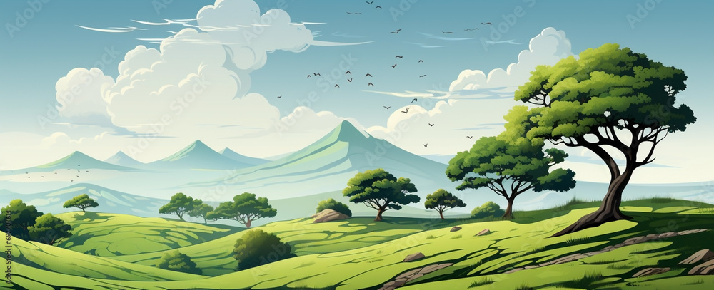 wide panoramic landscape Illustration scenery drawing with morning ...