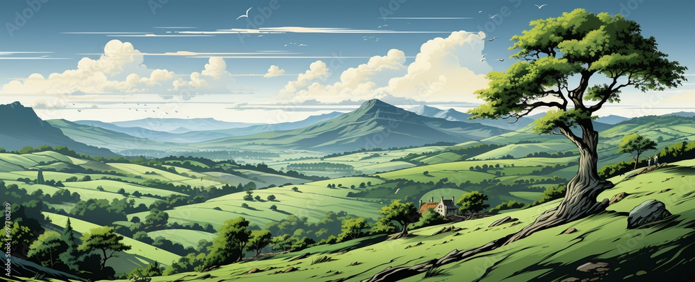 wide panoramic landscape Illustration scenery drawing with morning ...