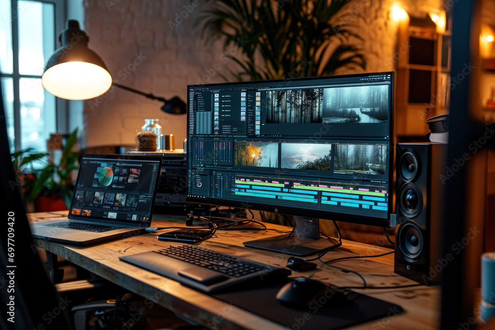 Freelance desktop with laptop computer and monitor review for editor ...