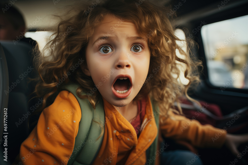 Screaming child buckled up in a car, emotional portrait of a frightened curly girl inside a ...