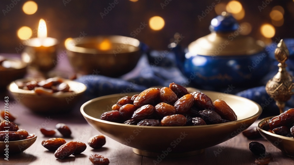 ramadan food and drinks concept ramadan Arabian lamp wood rosary and ...