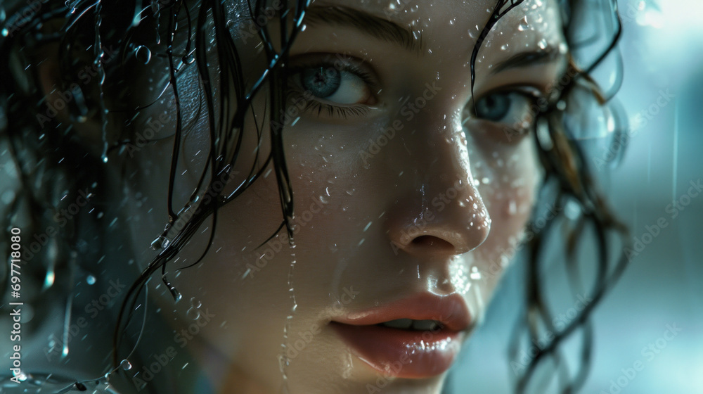 vividly detailed image of a woman's face, with water droplets. A close ...