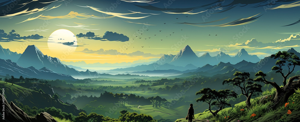 wide panoramic landscape Illustration scenery drawing with morning ...