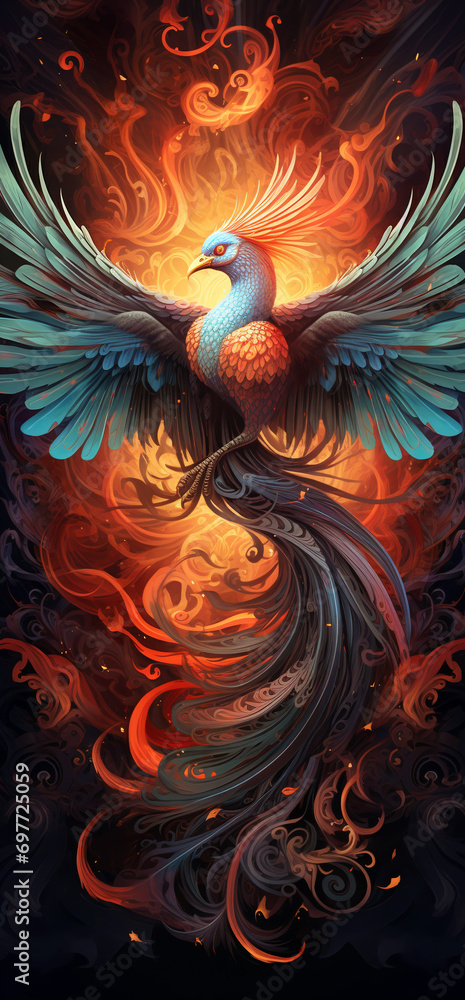 Asian phoenix flying through the air with two wings, in the style of ...