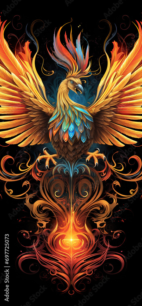 Asian phoenix flying through the air with two wings, in the style of ...