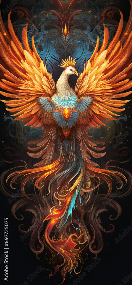 Asian phoenix flying through the air with two wings, in the style of ...