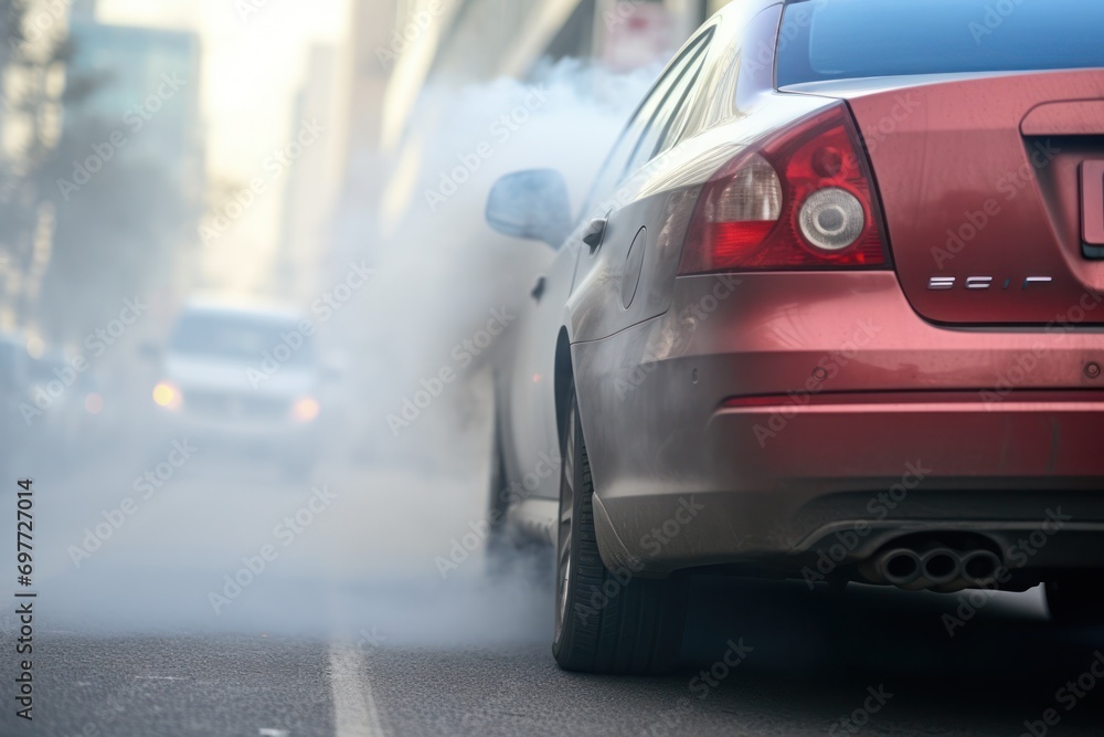 Rear view of a car emitting exhaust fumes, highlighting environmental ...