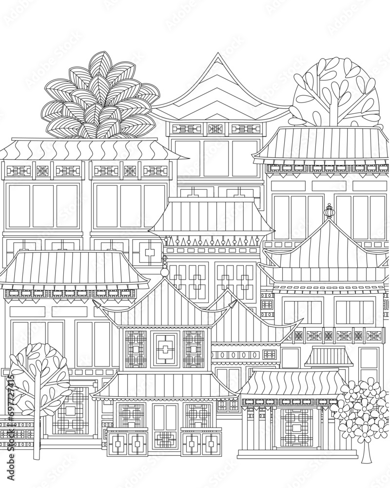 coloring book page for adults and children. Chinese town with an Stock ...