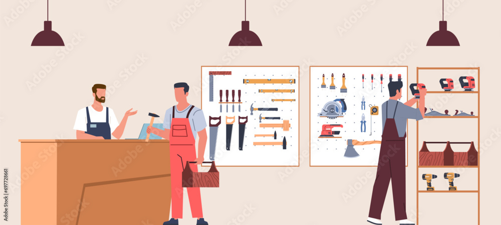 Men buy different tools at tool store. Hardware store. Assortment of ...