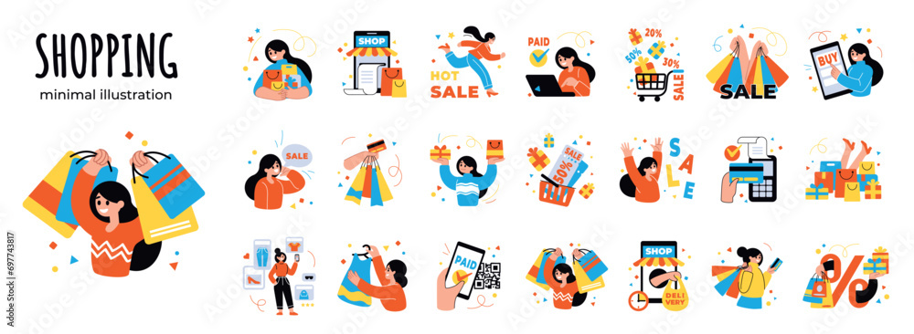 People shopping. Girl shop business, live outline coupons, commerce ...